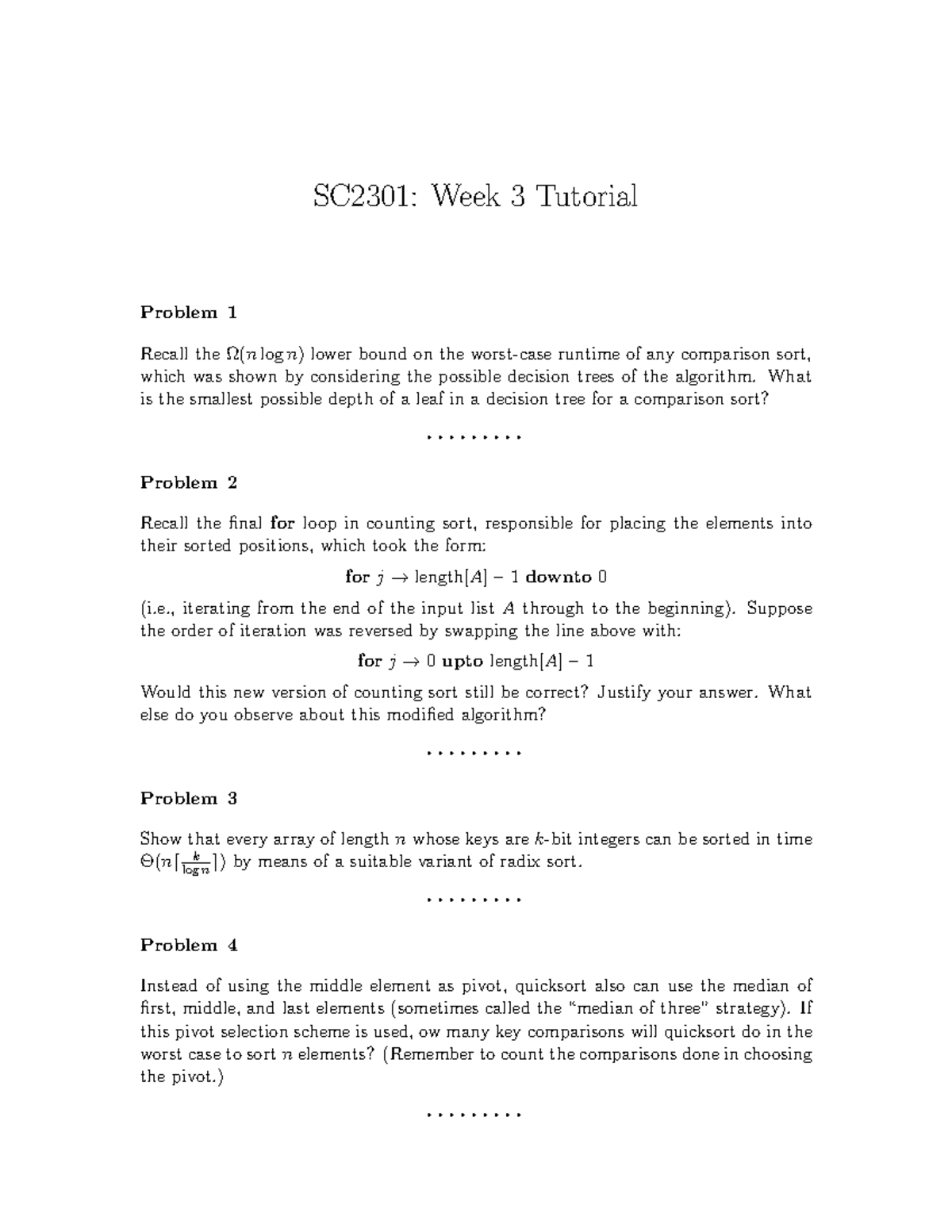 SC2301: Tutorial 3 Questions on Sorting Algorithms and Complexity - Studocu