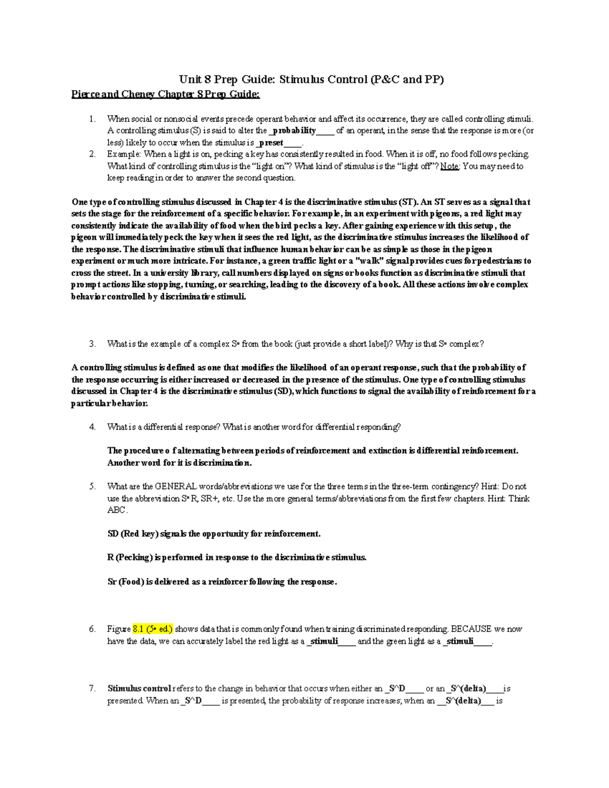 Unit 8 Prep Guide: Stimulus Control (P&C & PP) Insights and Notes - Studocu