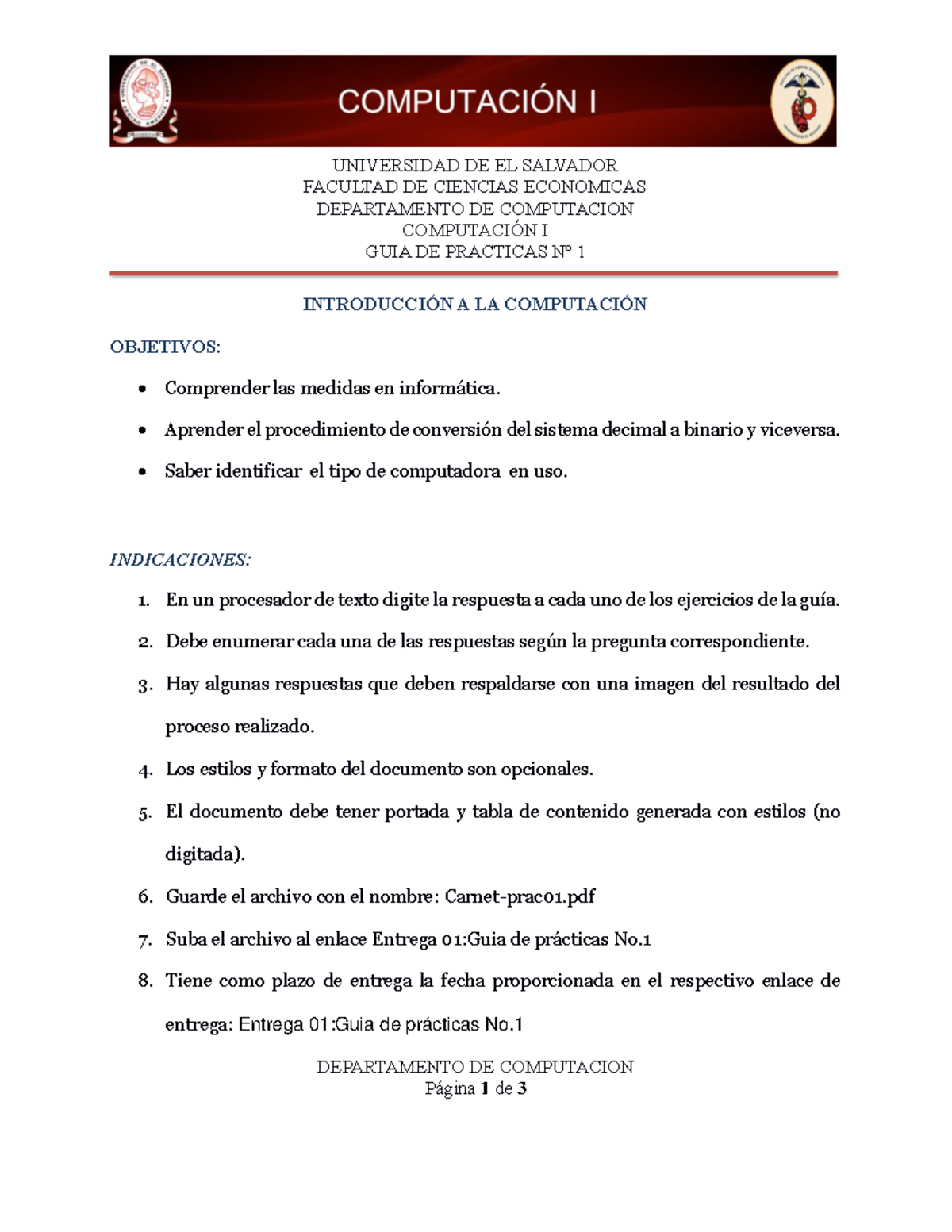 PRAC01 COM118 2023 - EJERCICIOS DE COMPUTACION CICLO I - DEPARTAMENTO DE COMPUTACION Página 1 de ...