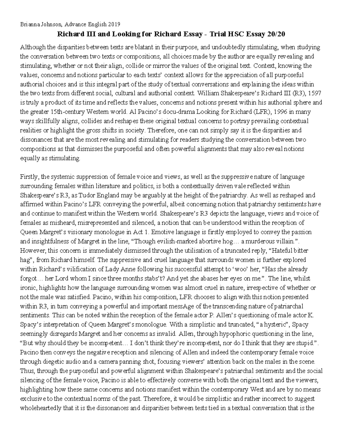 Richard III & Looking for Richard Essay - Advanced English 2019 - Studocu
