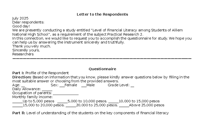 Questionnaire on Financial Literacy among Students (Practical Research ...