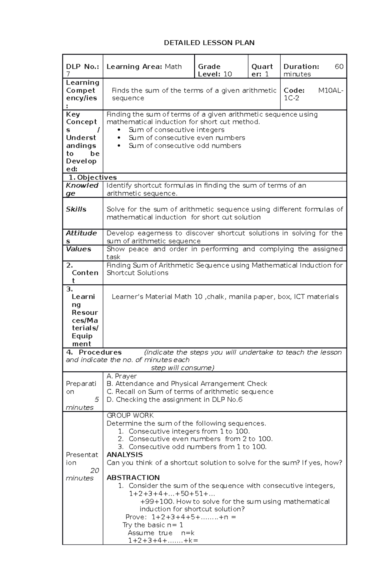 DLP7 M10Q1 - Detailed Lesson Plan: Arithmetic Sequences & Induction ...