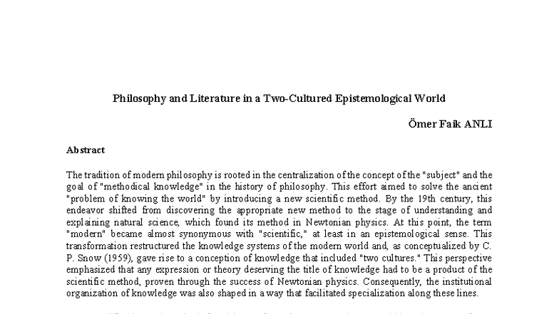 Philosophy and Literature in a Two Cultures World - Final Exam Notes ...