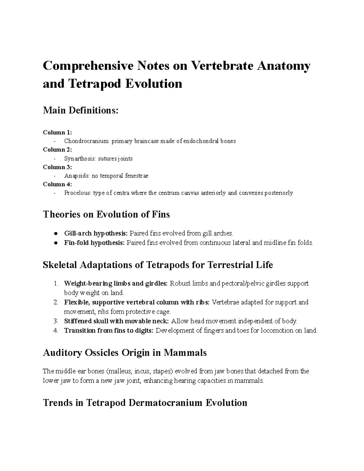 Comprehensive Bio 101 Notes on Vertebrate Anatomy & Tetrapod Evolution ...