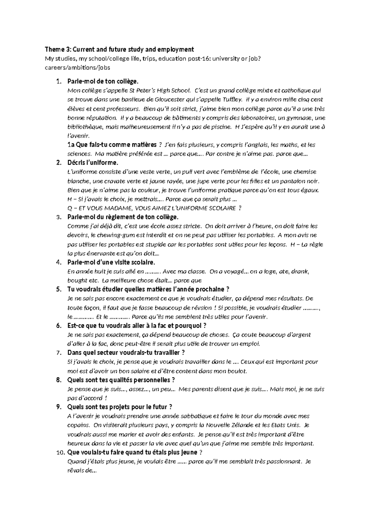 GCSE Speaking Questions Theme 3 only model answers - Theme 3: Current ...