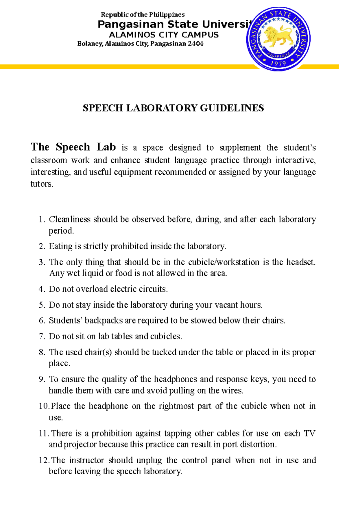 Speech Lab Guidelines - Pangasinan State University - Studocu