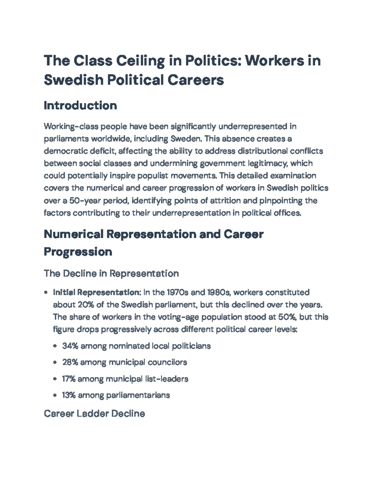 The Class Ceiling in Politics: Workers' Underrepresentation in Sweden ...