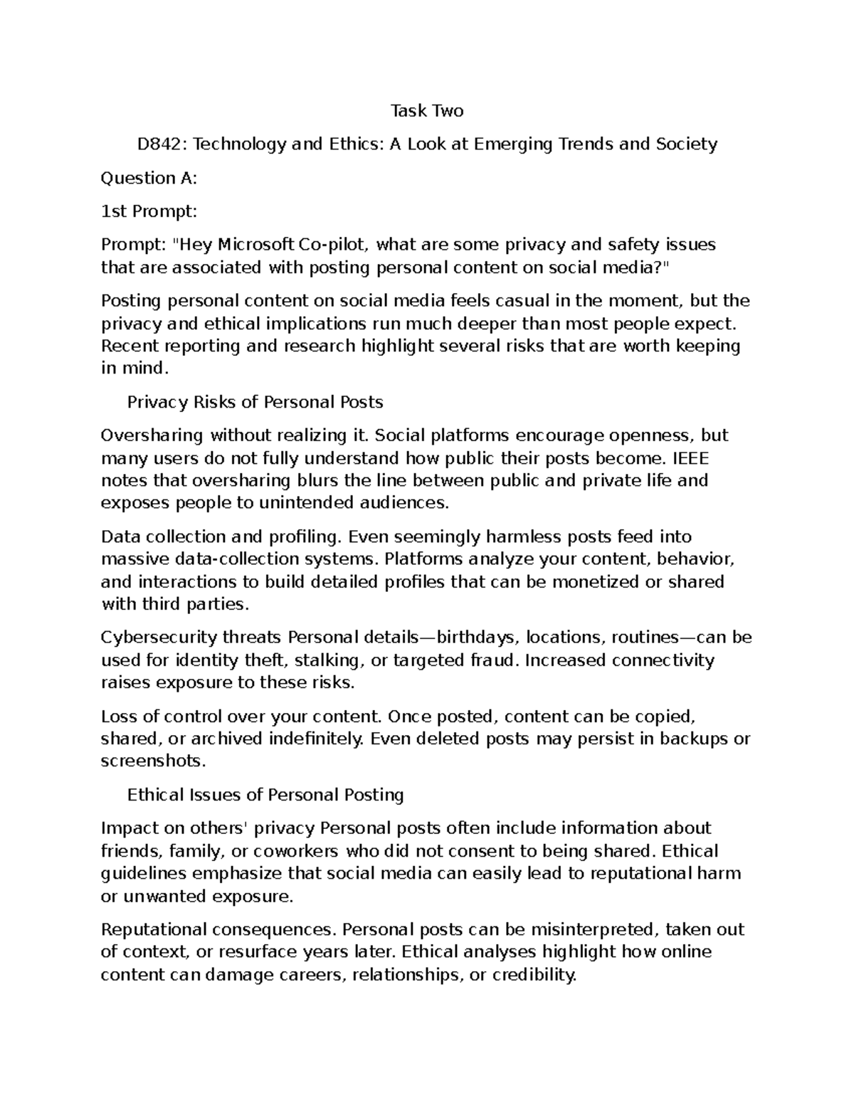 Task 2 D842: Exploring Privacy & Ethics in Social Media and ...