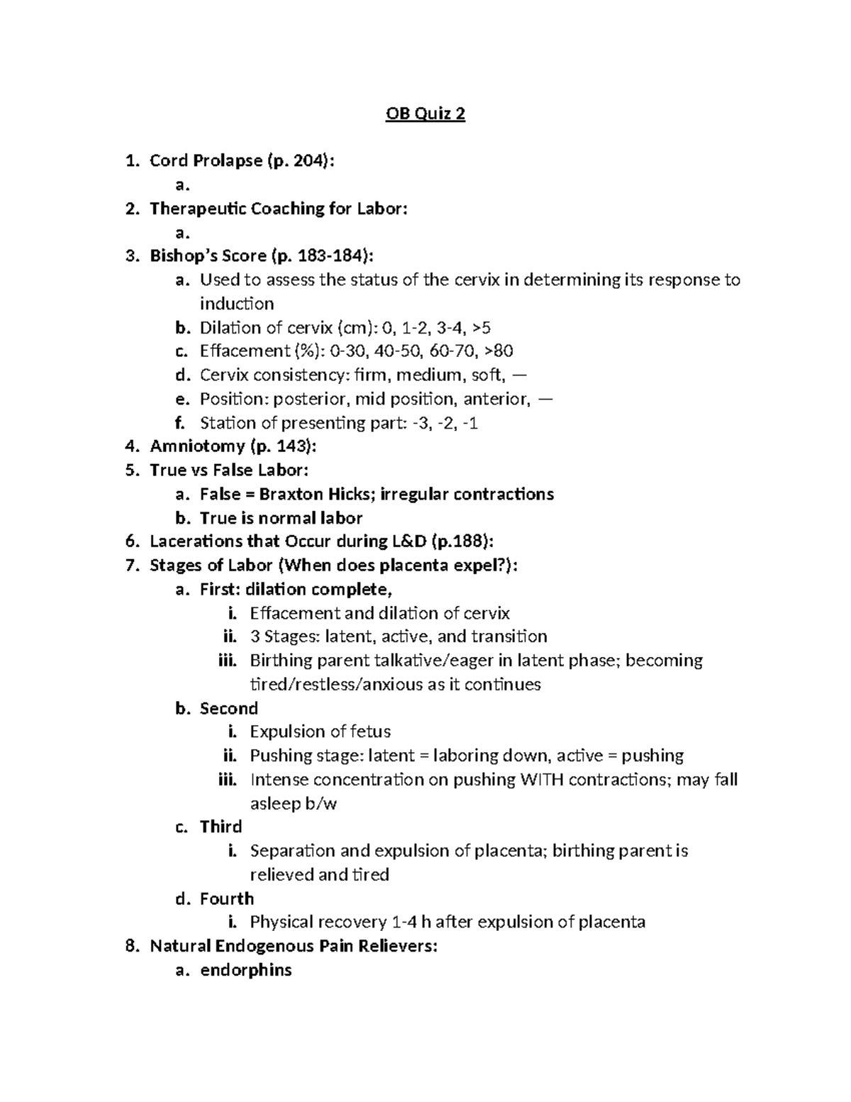 OB Quiz 2: Key Concepts in Labor and Delivery - Studocu