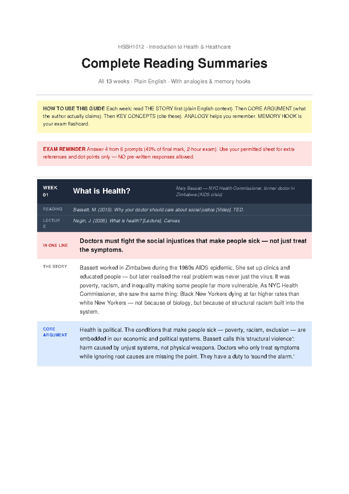 HSBH1012 Complete Health Summaries: Key Concepts & Exam Tips - Studocu