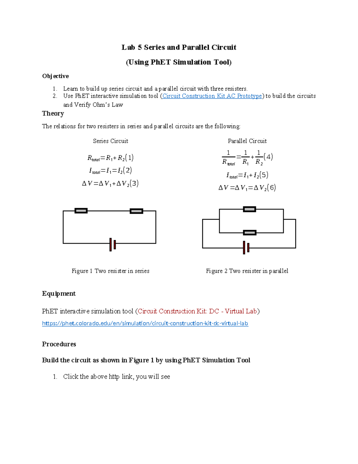 Lab 5: Series & Parallel Circuits Using PhET Simulation Tool - Studocu