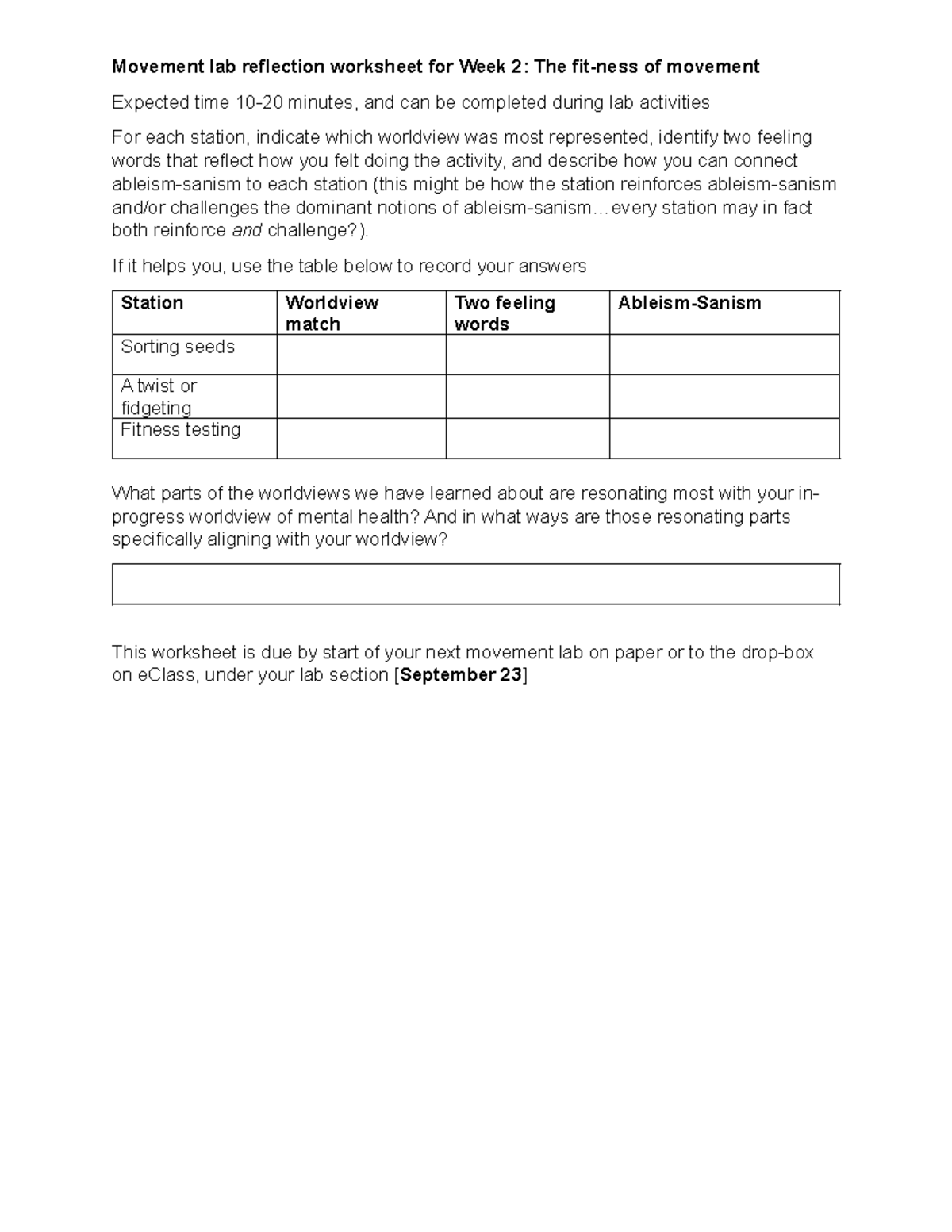 Movement lab reflection worksheet for Week 2 (Mondays) - Movement lab ...