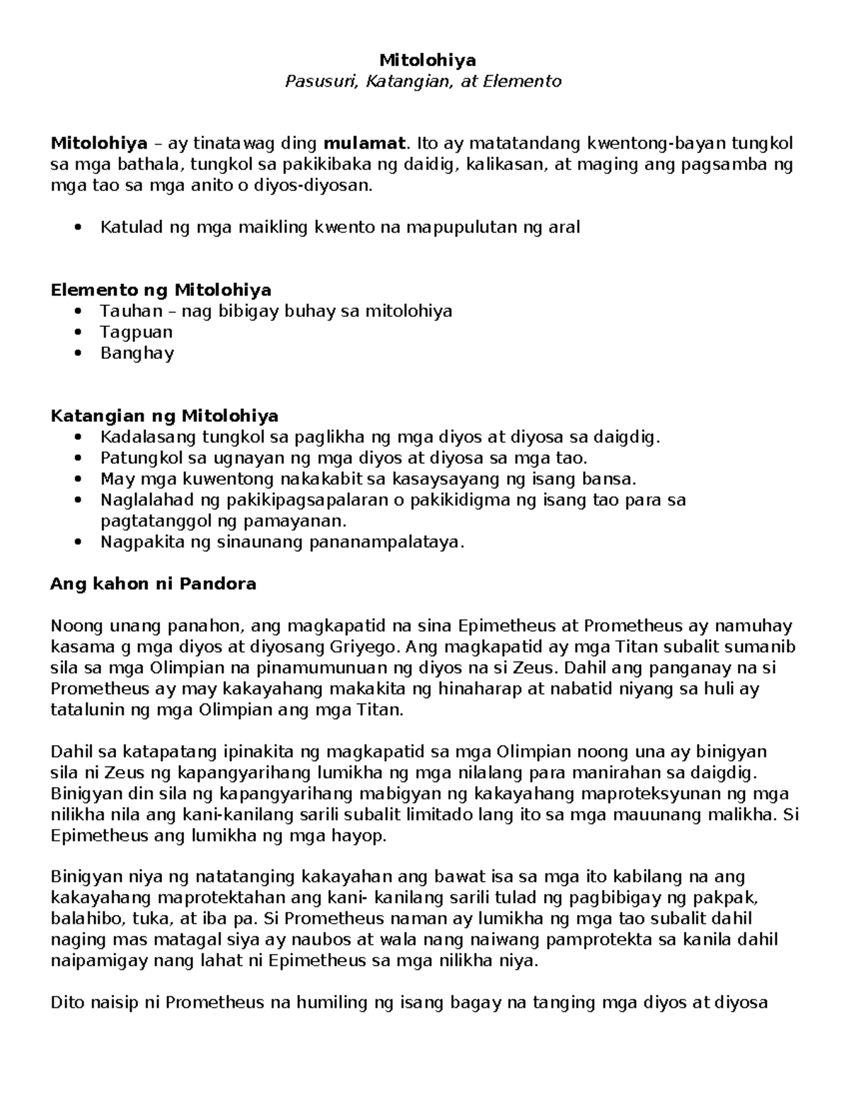 Mitolohiya: Pagsusuri sa Katangian at Elemento ng Kwento - Studocu
