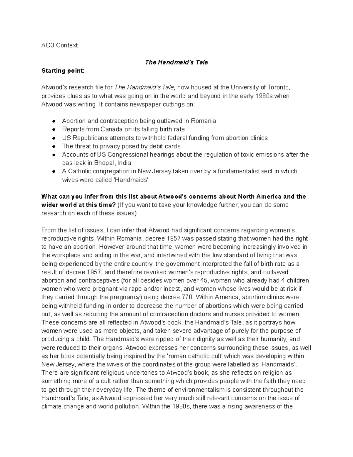 AO3 Context: Analyzing The Handmaid's Tale by Margaret Atwood - Studocu