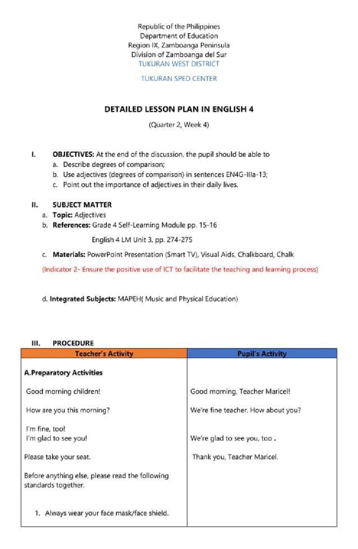Detailed Lesson Plan in English 4 (Quarter 2, Week 4) - Adjectives - Studocu