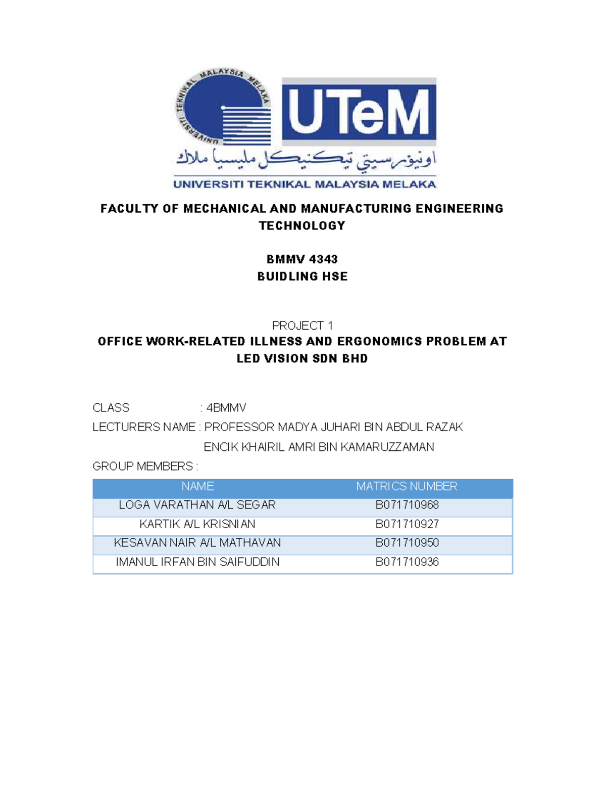 Project 1 (LED Vision SDN BHD) - FACULTY OF MECHANICAL AND ...