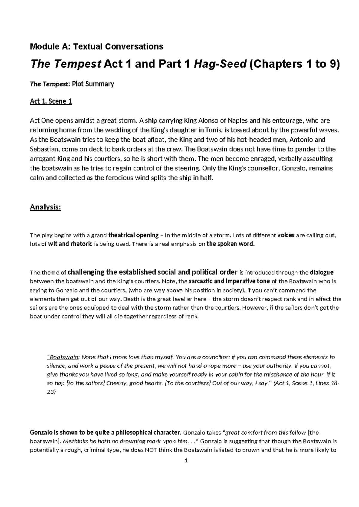 Module A: The Tempest Act 1 Analysis and Summary (Chapters 1-9) - Studocu