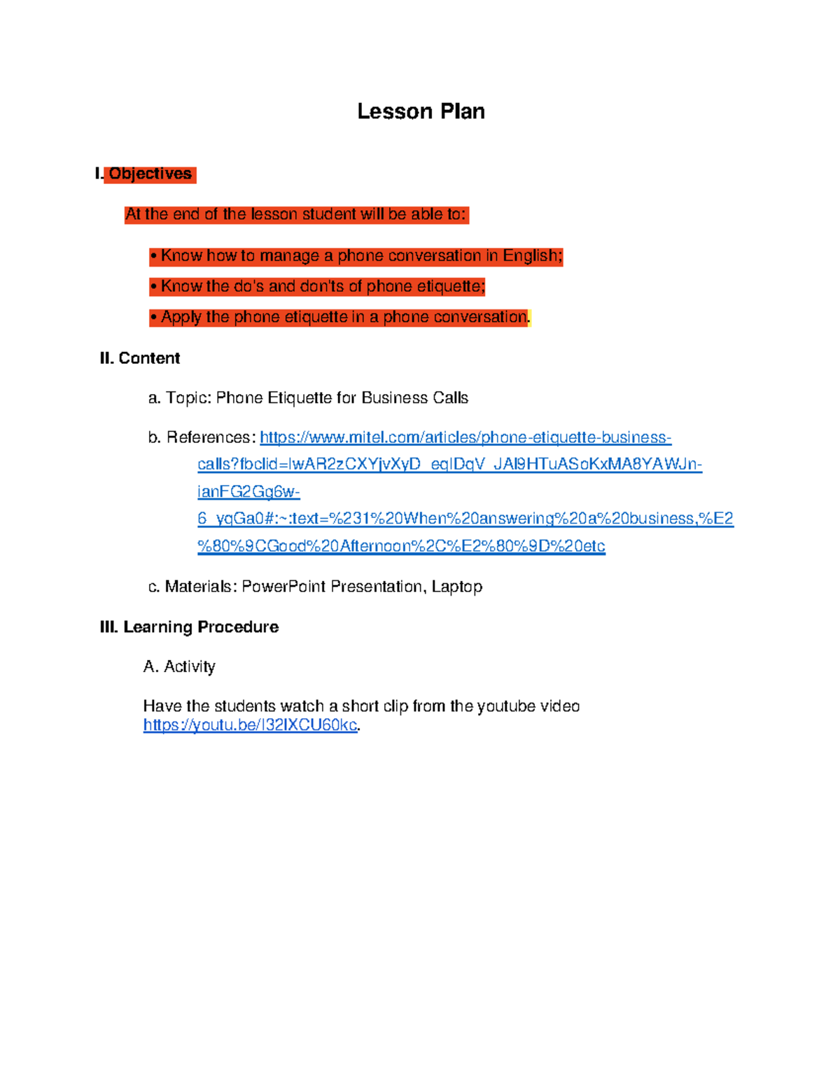 ENG 101 Day 3 Lesson Plan: Mastering Phone Etiquette Skills - Studocu