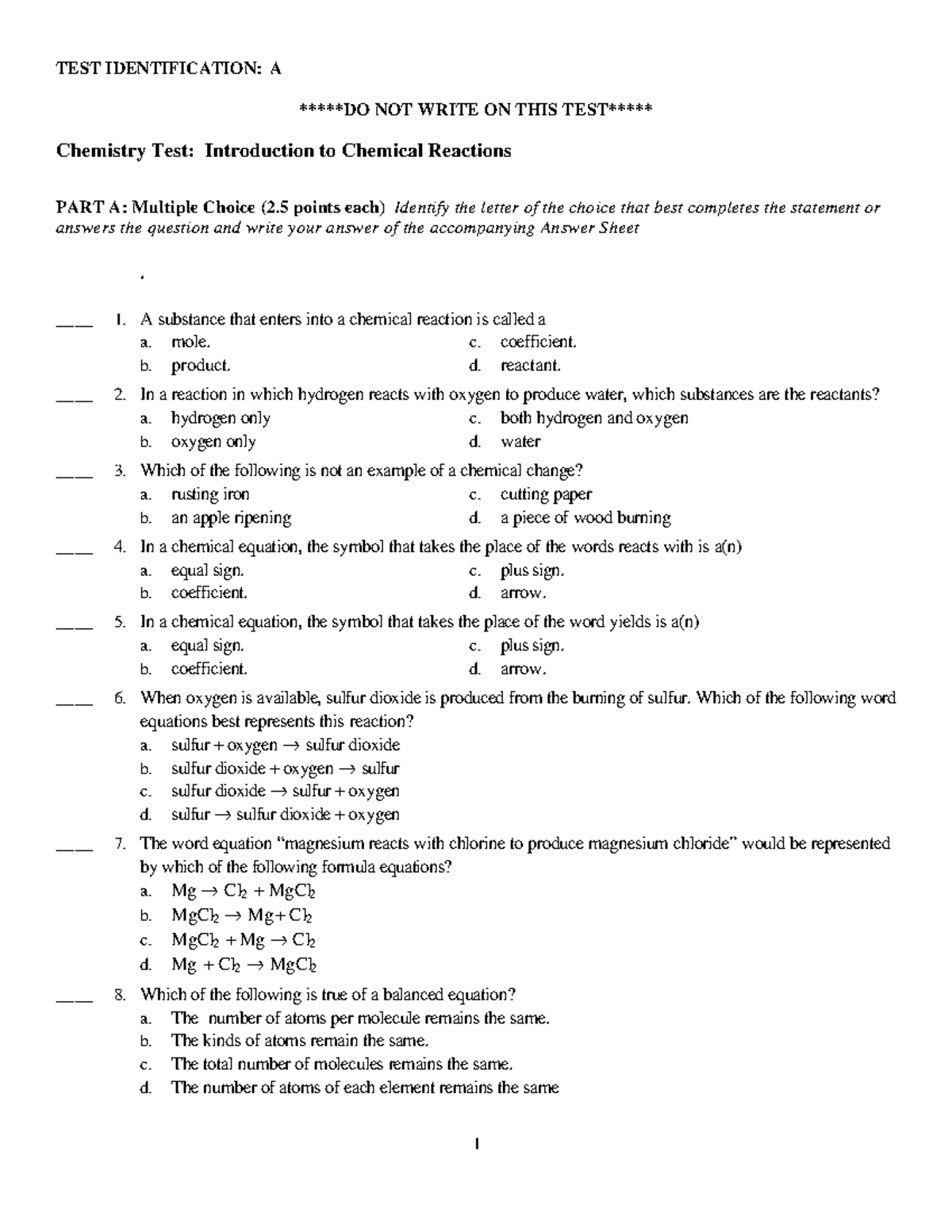 Types Of Chemical Reactions Quiz