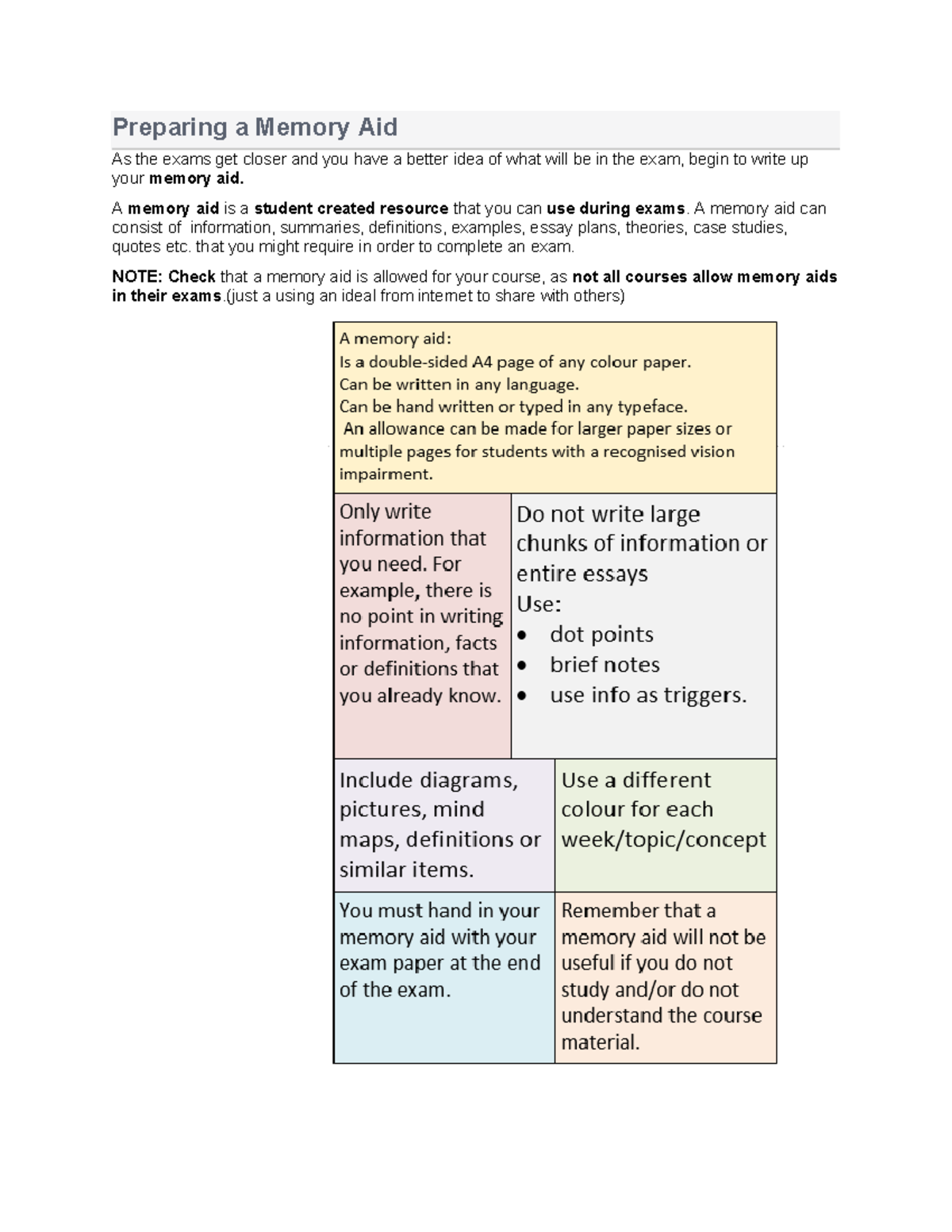Memory Aid Preparation Guide for Exams - Studocu