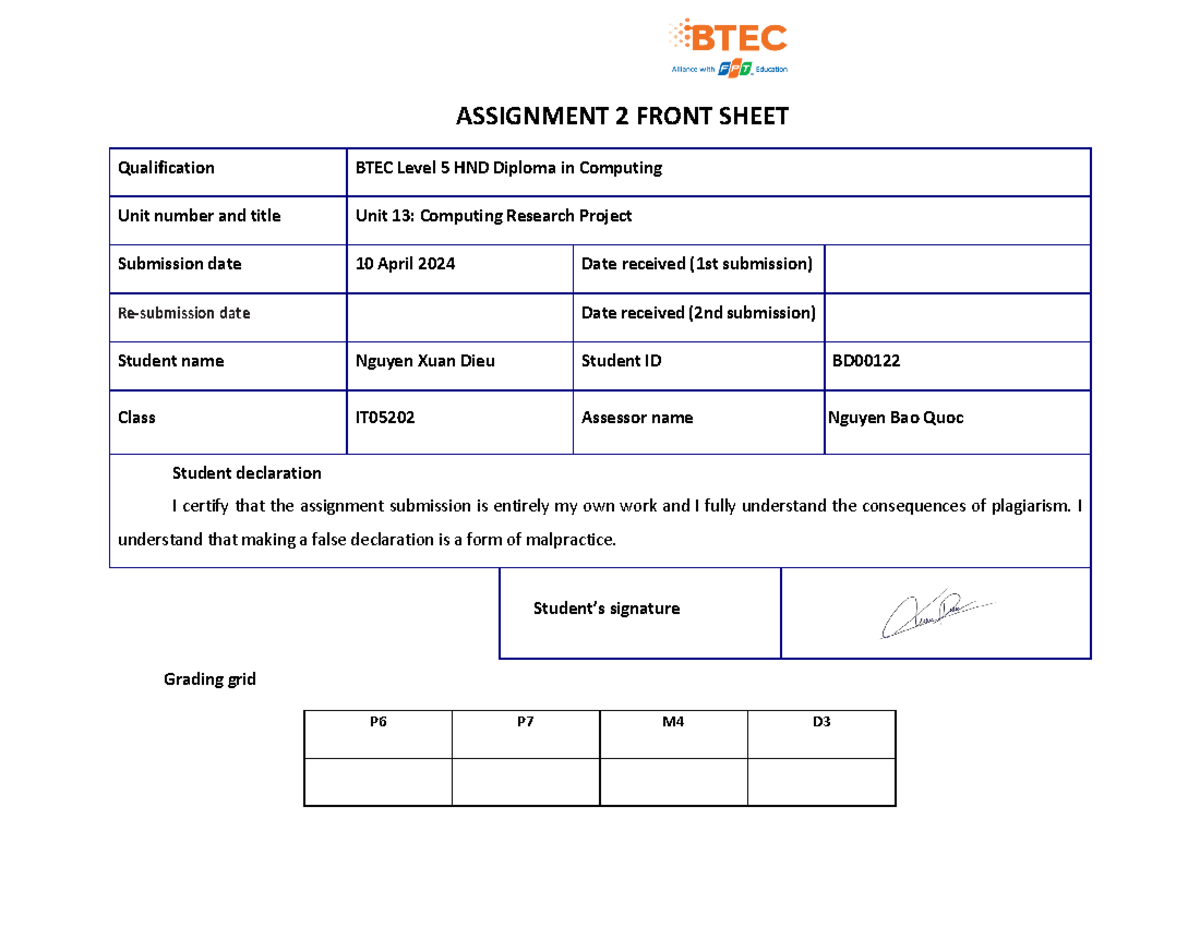 1640 IT05202 ASM2 00122 - ASSIGNMENT 2 FRONT SHEET Qualification BTEC Level 5 HND Diploma in ...