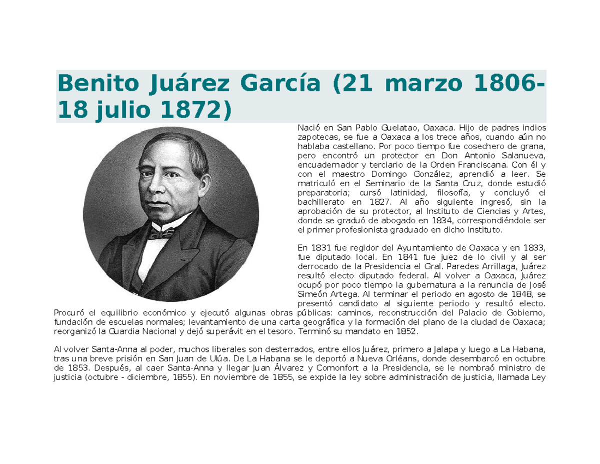 Biografía de Benito Juárez: Vida y Logros Históricos - Studocu