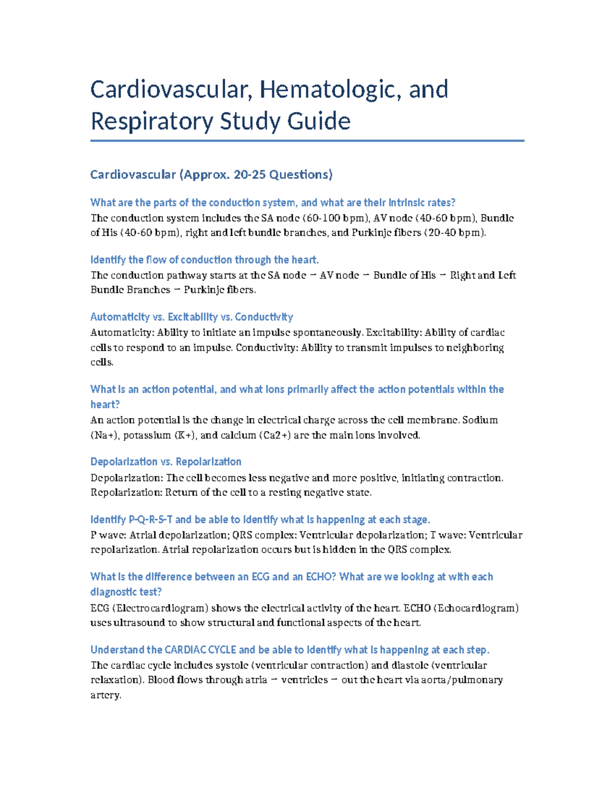 3050 Exam 3 Study Guide: Cardiovascular, Hematologic, and Respiratory ...