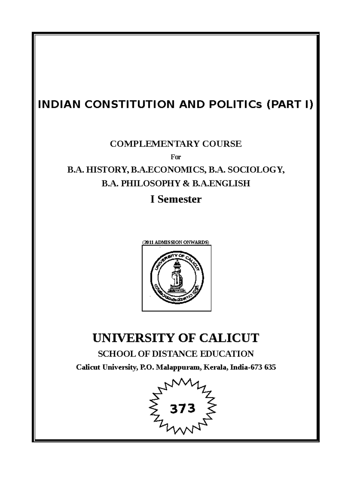 Indian Constitution and Politics (Part I) - Complementary Course for B ...