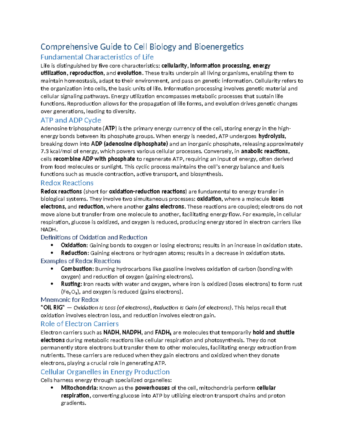 Comprehensive Overview of Cell Biology & Bioenergetics (BIO 101) - Studocu