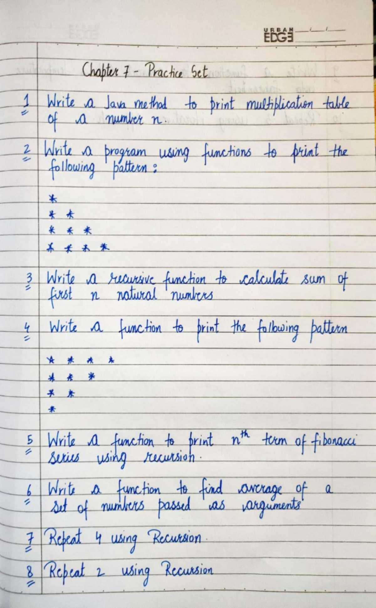 URBAN EDGE Chapter 7 Practice Set: Java Methods & Recursion - Studocu