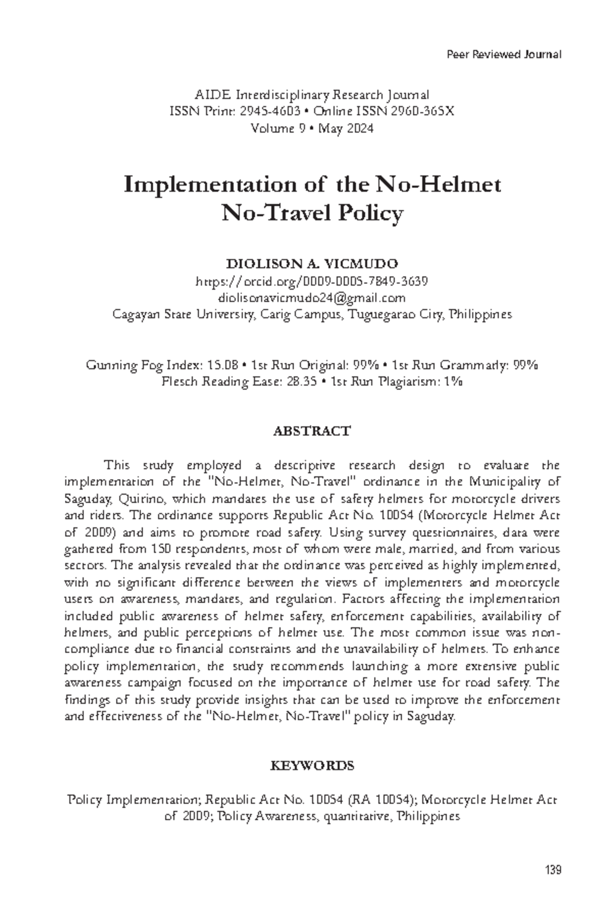 Implementation of the Motorcycle Helmet Policy in Saguday, RA 10054 ...