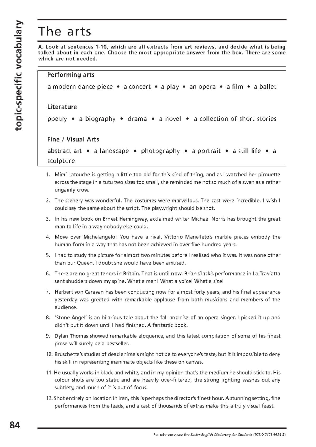 ARTS Vocab - SS - TATM - topic-specific vocabulary 84 The arts A. Look ...