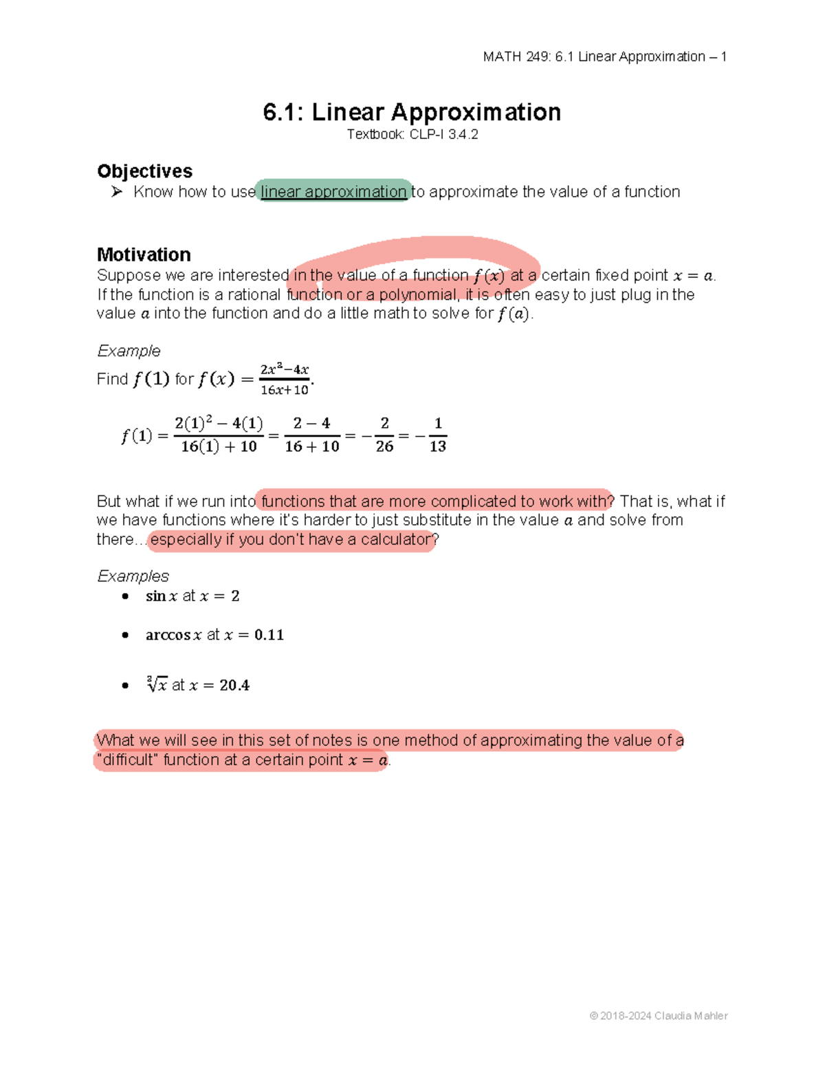 MATH 249: Lecture Notes on Linear Approximation Techniques - Studocu