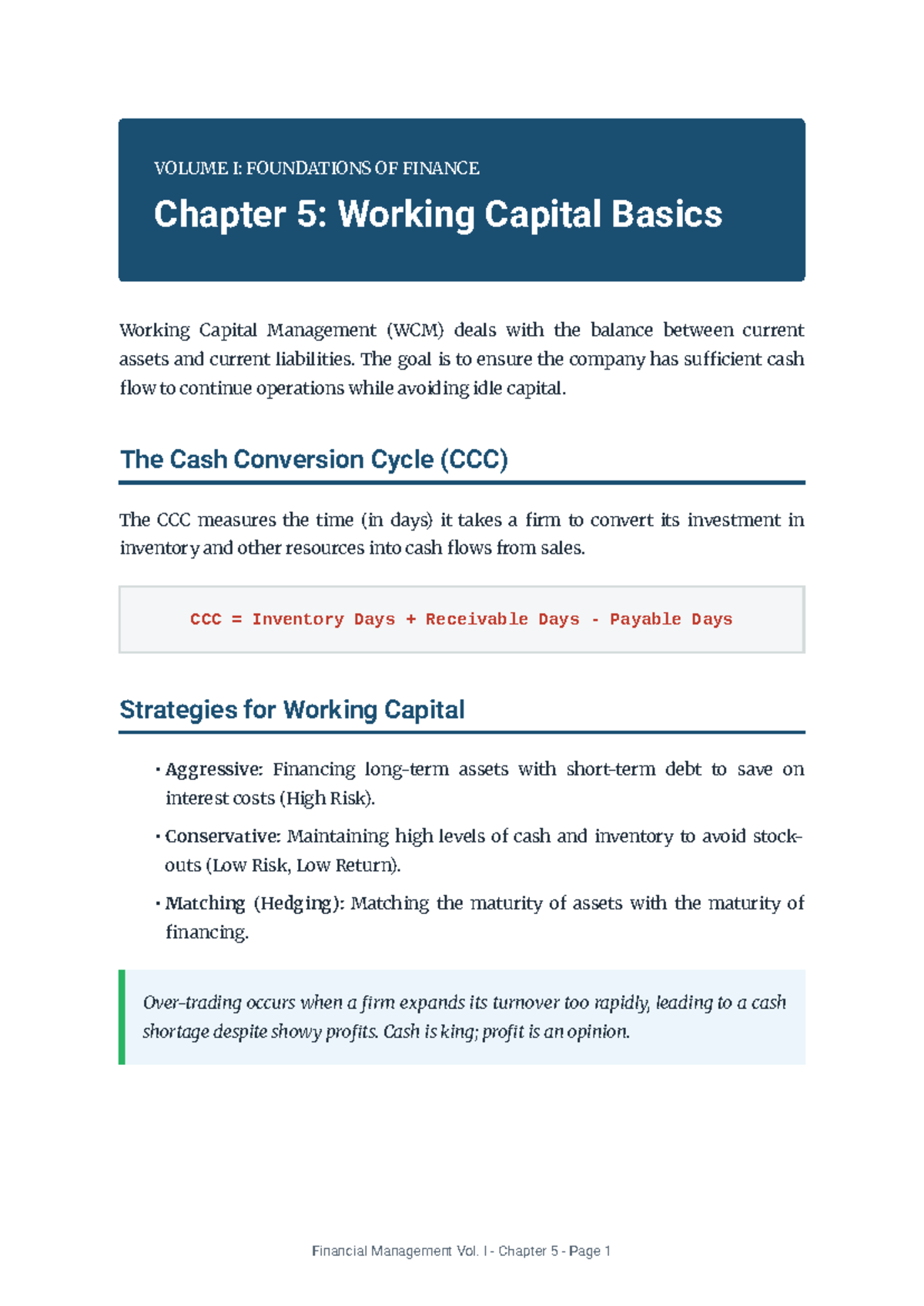 Financial Management (FM) Vol I: Ch 5 - Working Capital Basics - Studocu