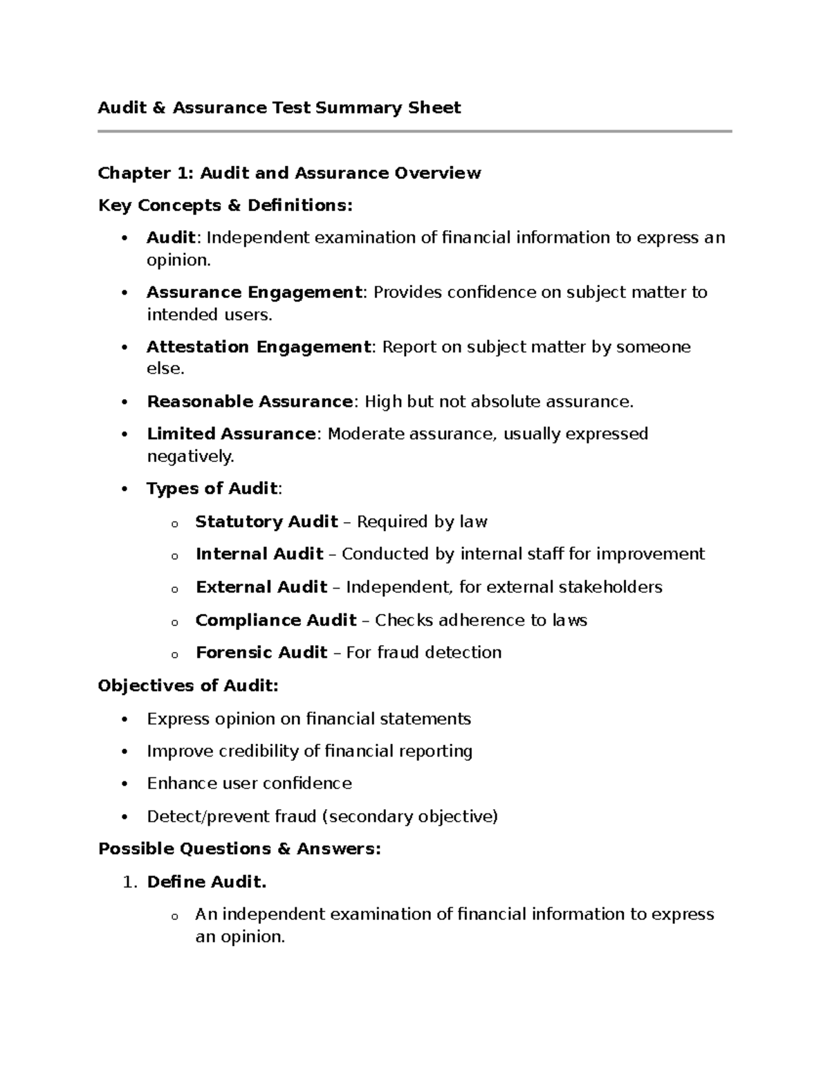 Audit & Assurance Test Summary Sheet: Key Concepts & Phases - Studocu