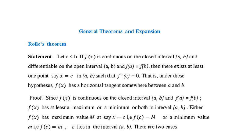 Rolle's Theorem and Mean Value Theorem - Maths Notes - Studocu