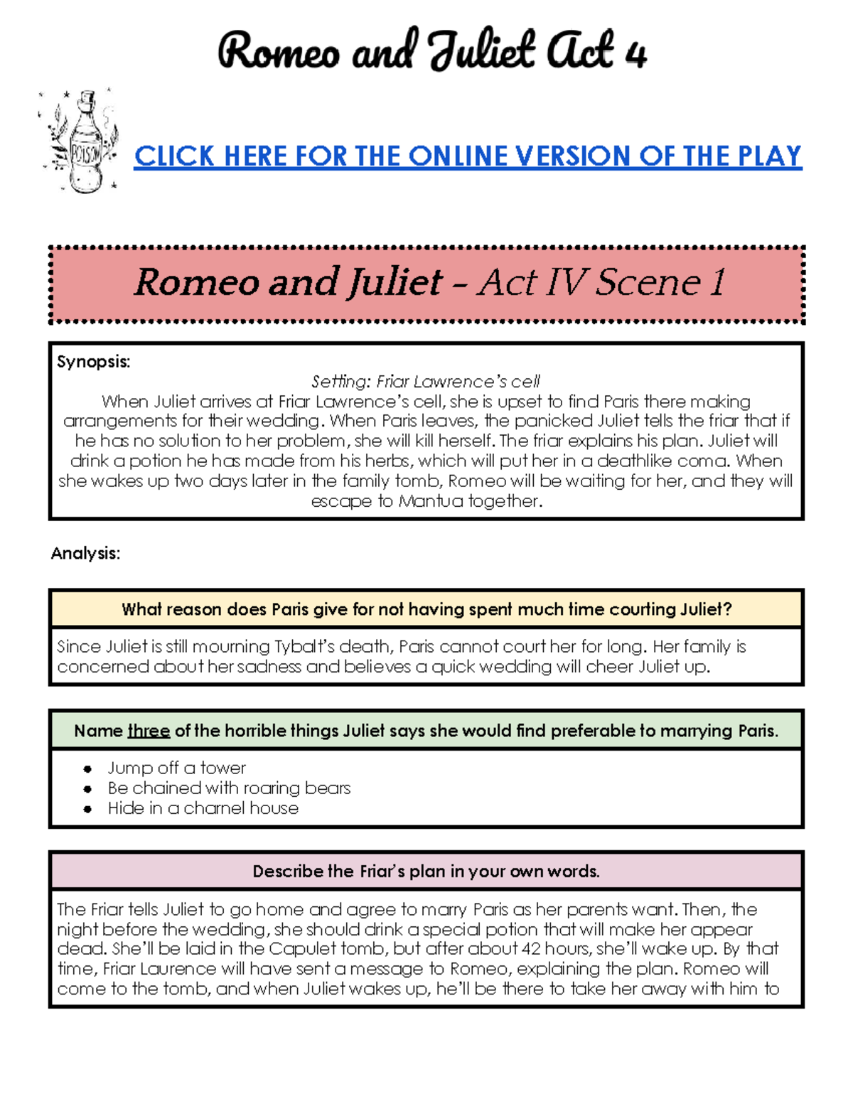 Romeo and Juliet - Act IV Scene Summaries and Analysis - Studocu