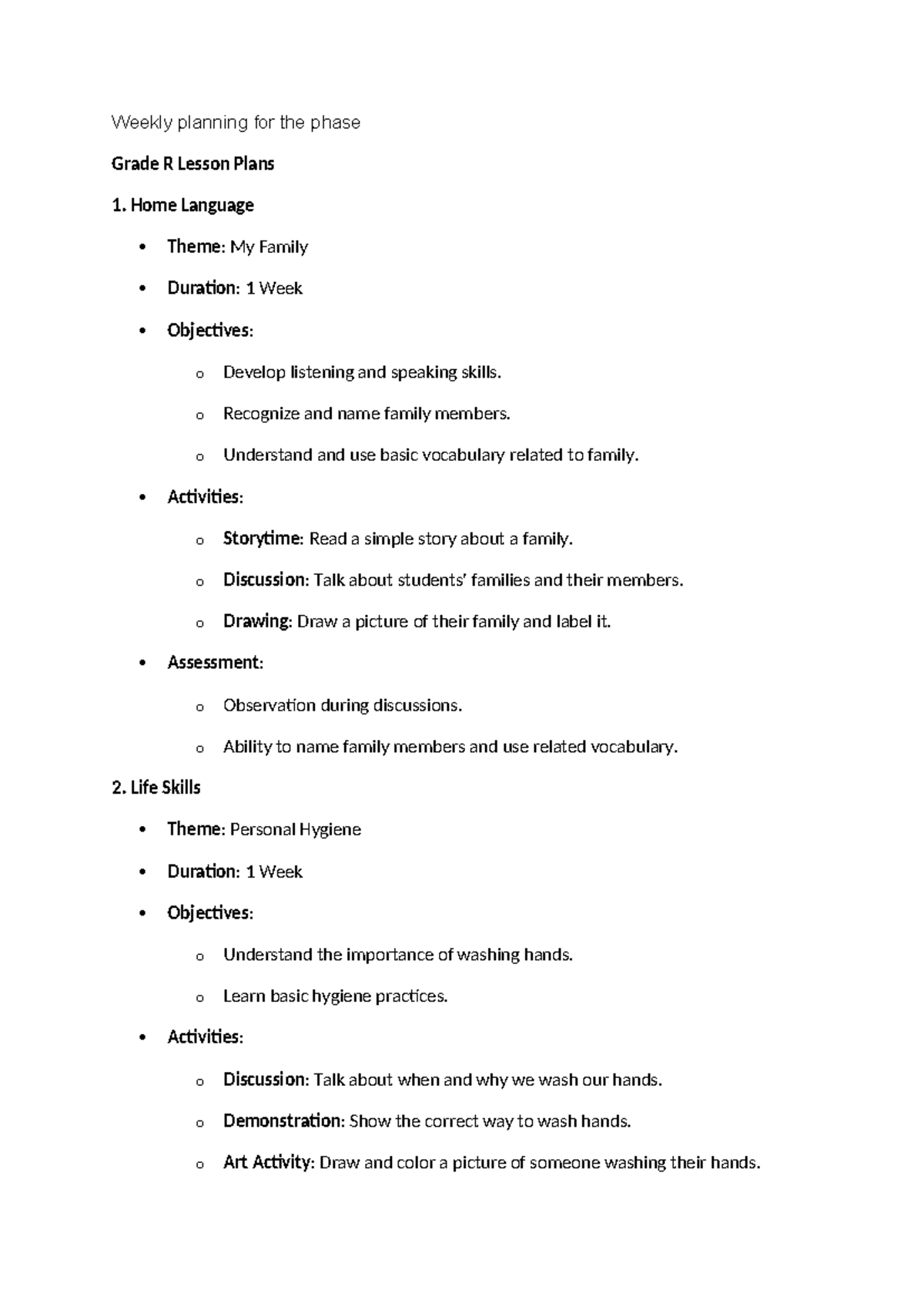 Grade R Weekly Planning: Home Language, Life Skills, Math & More - Studocu
