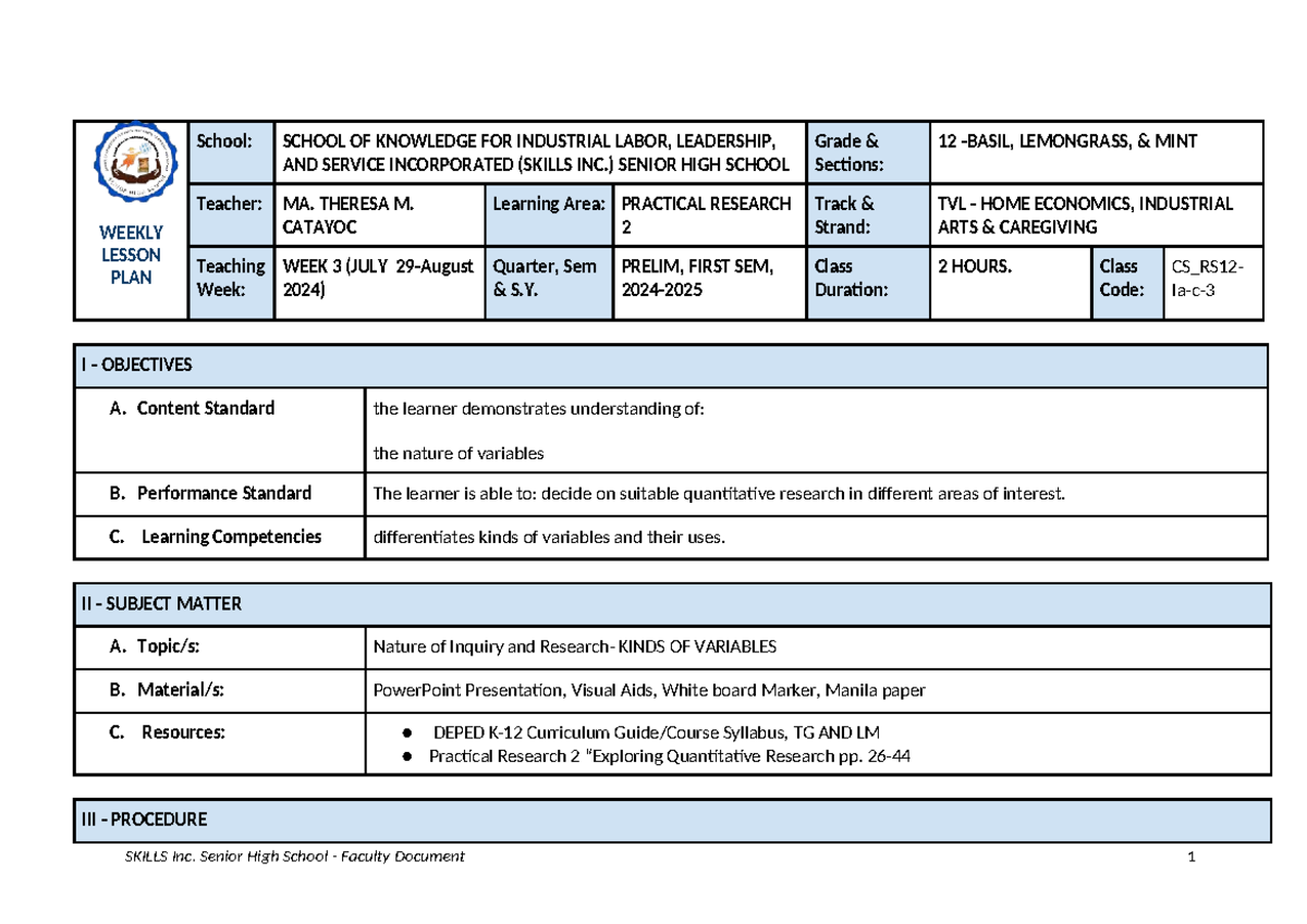 WEEK 3 LESSON PLAN: KINDS OF VARIABLES IN PRACTICAL RESEARCH 2 (S.Y ...