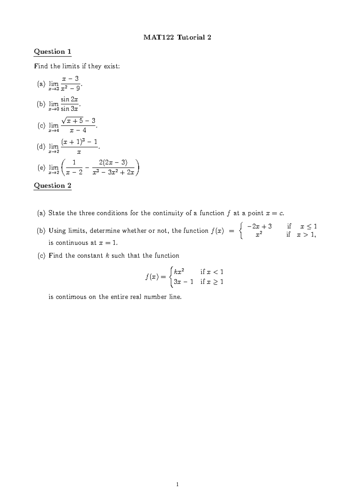 MAT122 Tutorial on Limits: Exploring Continuity and Evaluations - Studocu