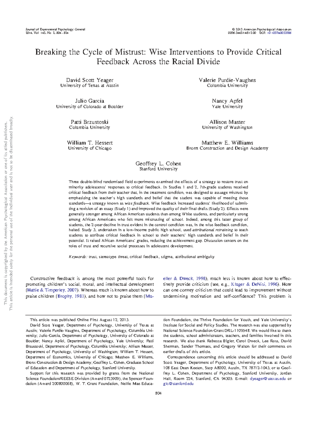 Breaking the Cycle of Mistrust: Wise Feedback Strategies in Education ...