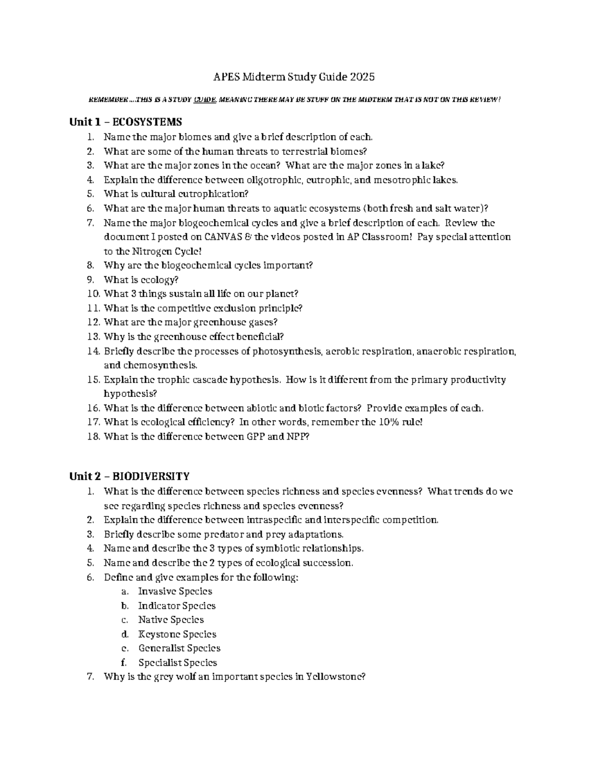 APES 2025 Midterm Study Guide: Key Concepts & Topics - Studocu