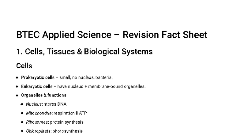 BTEC Applied Science Revision Fact Sheet: Cells, Chemistry & Physics ...