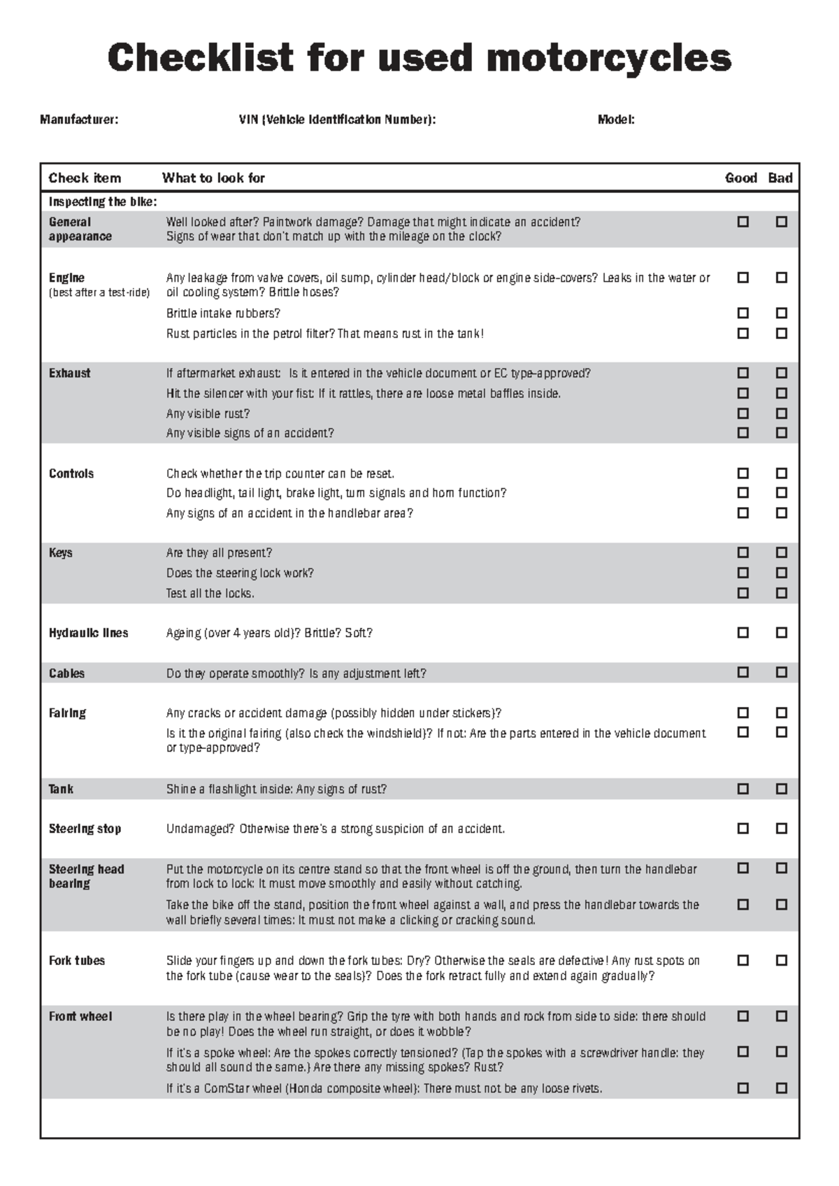 Motorcycle Inspection Checklist: Key Points to Evaluate - Studocu