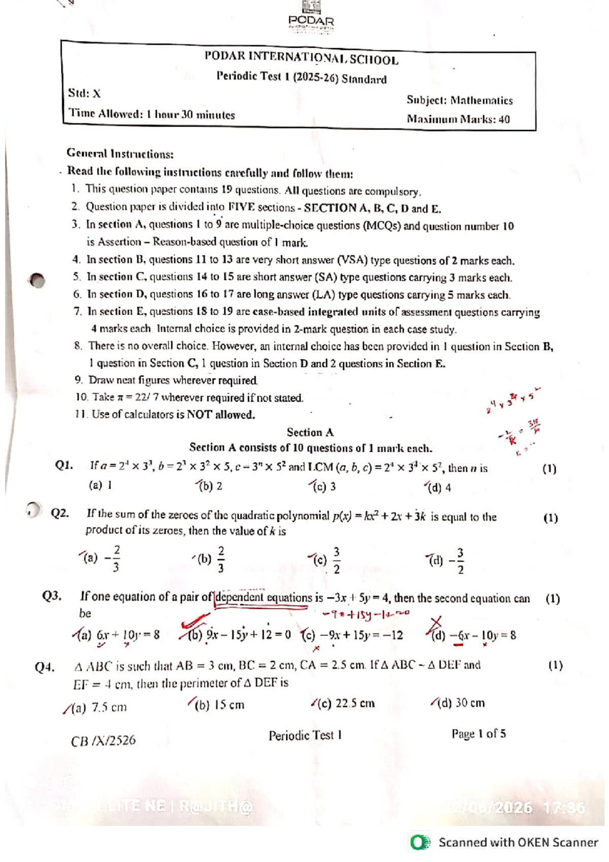 PODAR International School Std X Math Periodic Test 1 - 40 Marks - Studocu
