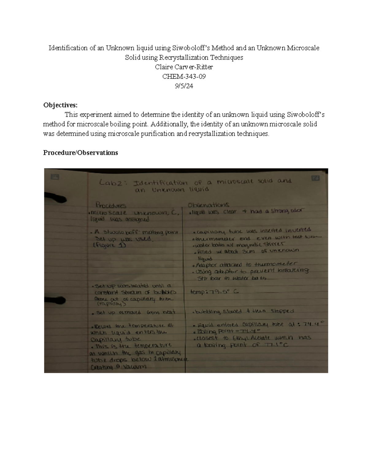 Lab 2 Microscale Unkown Liquid and Solid - Identification of an Unknown ...