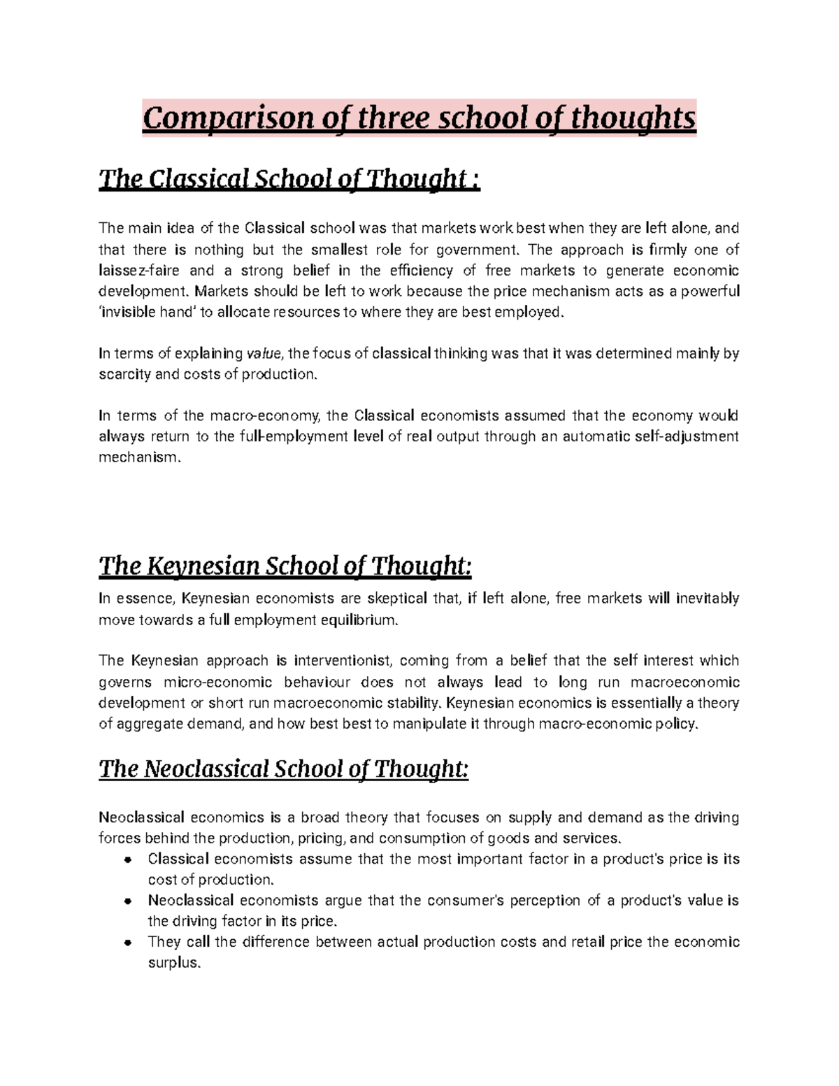 Comparison of three school of thoughts in macro economics - Comparison ...