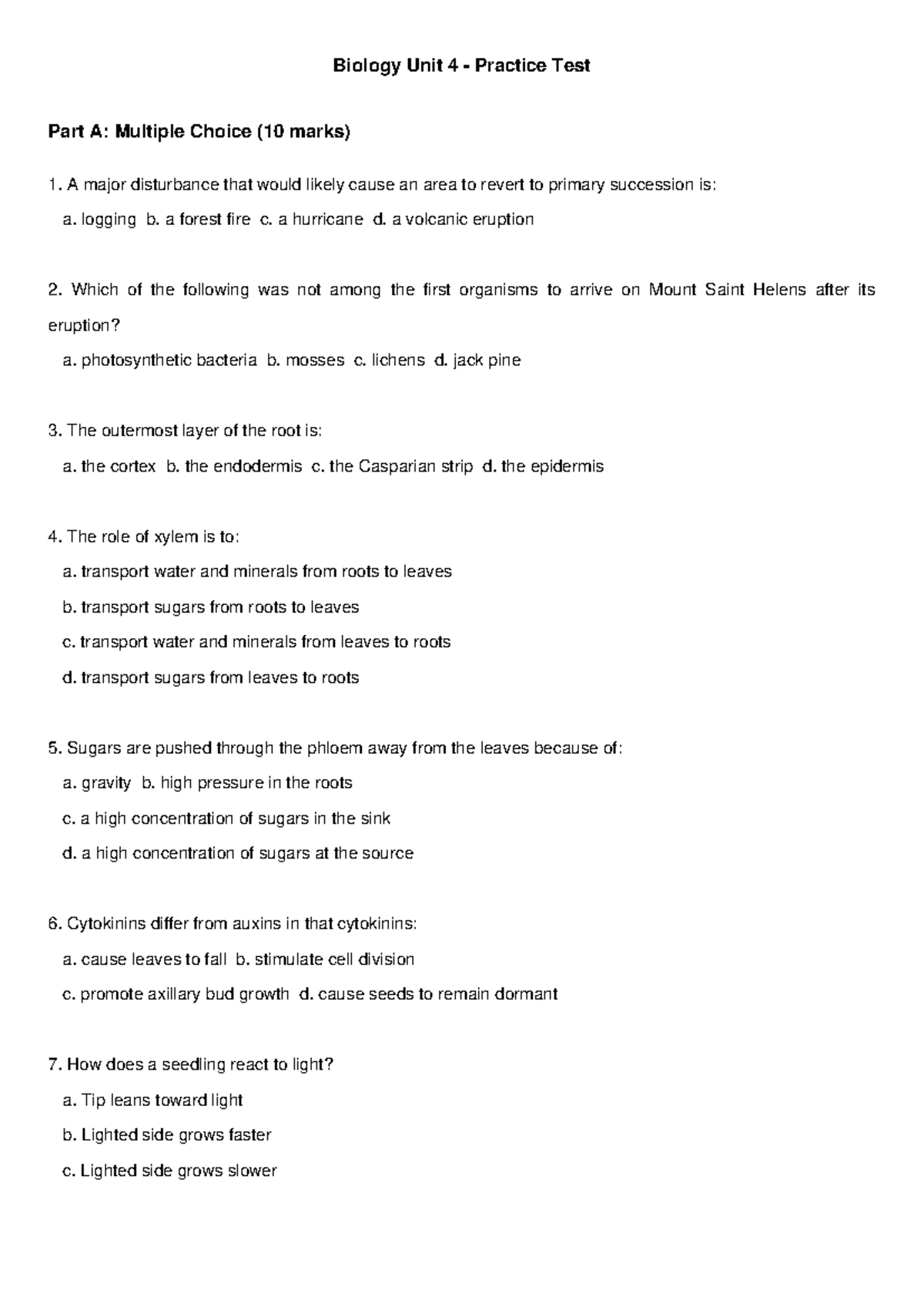 Biology Unit 4 Practice Test: MCQs & True/False Questions - Studocu