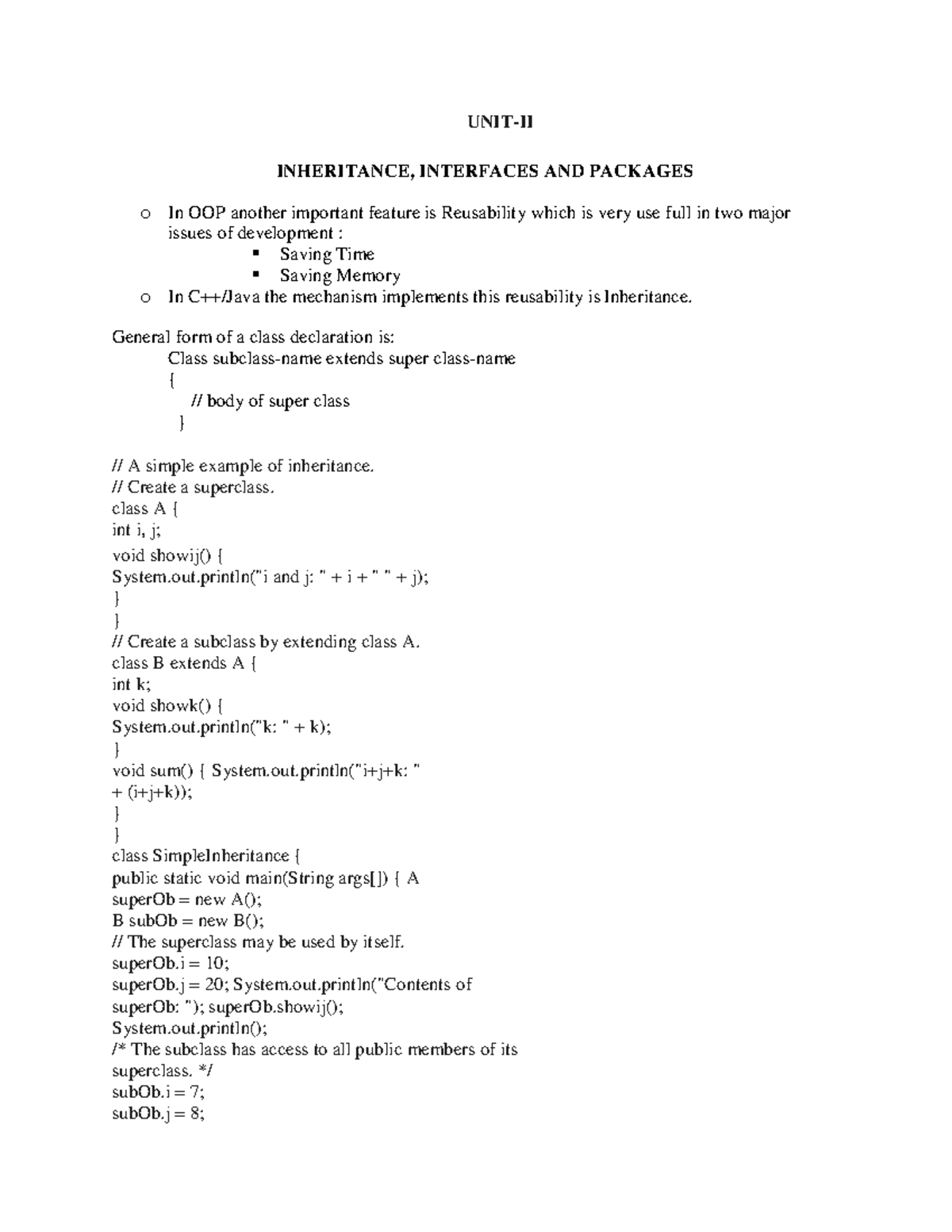 OOPS Through JAVA - Inheritance , Interfaces & Packages - UNIT-II INHERITANCE, INTERFACES AND ...