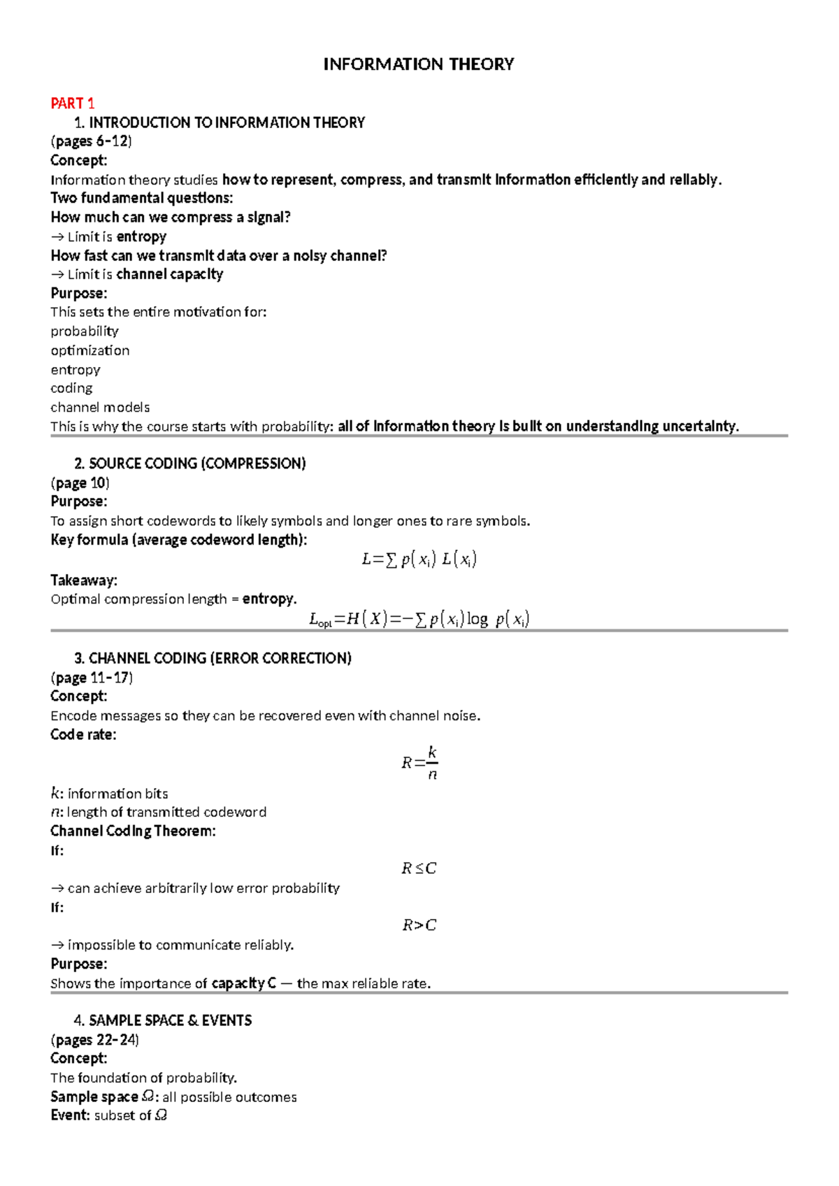 INFORMATION THEORY CHEATSHEET (PART 1) - KEY CONCEPTS & FORMULAS - Studocu